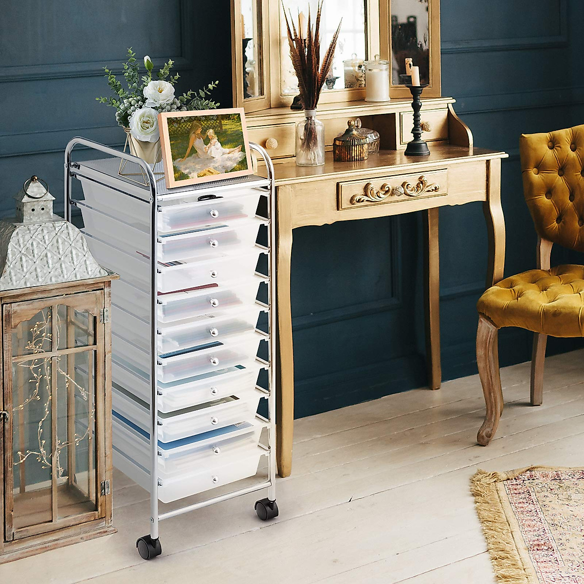 GOFLAME Rolling Drawer Cart with 10 Drawers, Utility Storage Organizer Cart with Wheels and Metal Frame, Art Cart for Office, School, Home, Clear