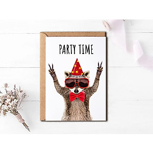 OystersPearl Party Time Birthday Card - Graduation Card Promotion Card Congratulations Portrait Of A Funny Raccoon - Birthday Greeting Card., 5 x 7 inches
