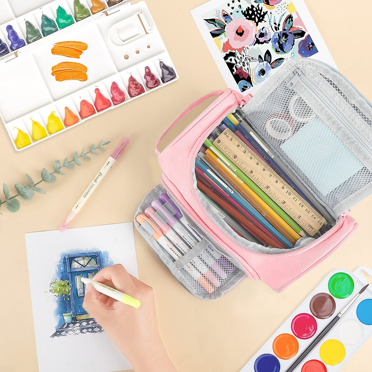 LABUK Big Capacity Pink Pencil Pouch Large Cute Marker Pen Case Multiple Use Aesthetic Stationery Bag School College Office Organizer Gift for Teens Girls Adults Students