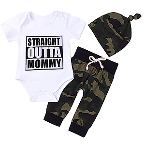 Cute 3pcs Newborn Baby Boys Letter Print Romper+Camouflage Pants+Hat Outfits Set (0-3Months, White&Outta)