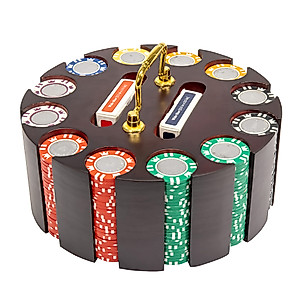Coin Inlay Poker Chip Set in Wooden Carousel Carry Case - Casino 15-Gram Quality Chips with Silver Metal Inserts - Convenient Rotating Tray Includes Playing Card Decks - Chip Protection (300 ct.)