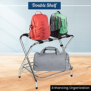 USTECH Luggage Rack-Double Tier, Chrome, Self Asssembly, Foldable Rack for Guest Room