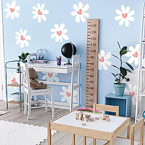 12 Sheets Daisy Wall Stickers Peel and Stick Pink Heart Decals for Room Decor Large Boho White Flower Wallpaper Decal for Kids Girls Nursery Furniture Dresser Bedroom Playroom Living Room Walls Window