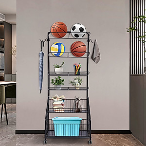 CNCEST 36.1x16.54x46.5inch Movable Sports Ball Storage Organizer, Sports Equipment Rack,2 Hooks+2 Storage Bins +4 Wire Basket Garage Glove Holder,for Garage/Storage Room