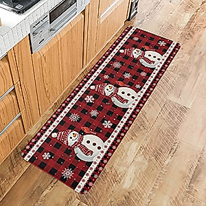 Kitchen Mat Rug 1 PCS Christmas Tres Snowman Snowflake Black and Red Plaid Buffalo Runner Rug Anti-Fatigue Comfort Memory Foam Standing Mat Non-Slip Floor Door Mat for Bathroom Bedroom 18x47in