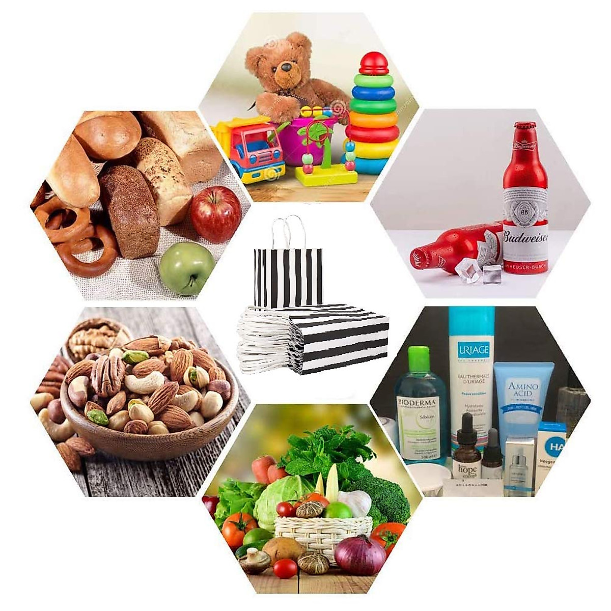 ADIDO EVA 25 PCS Black and White Striped Gift Bags Small Kraft Paper Bags with Handles for Party Favor (8.2 x 6 x 3.1 In)