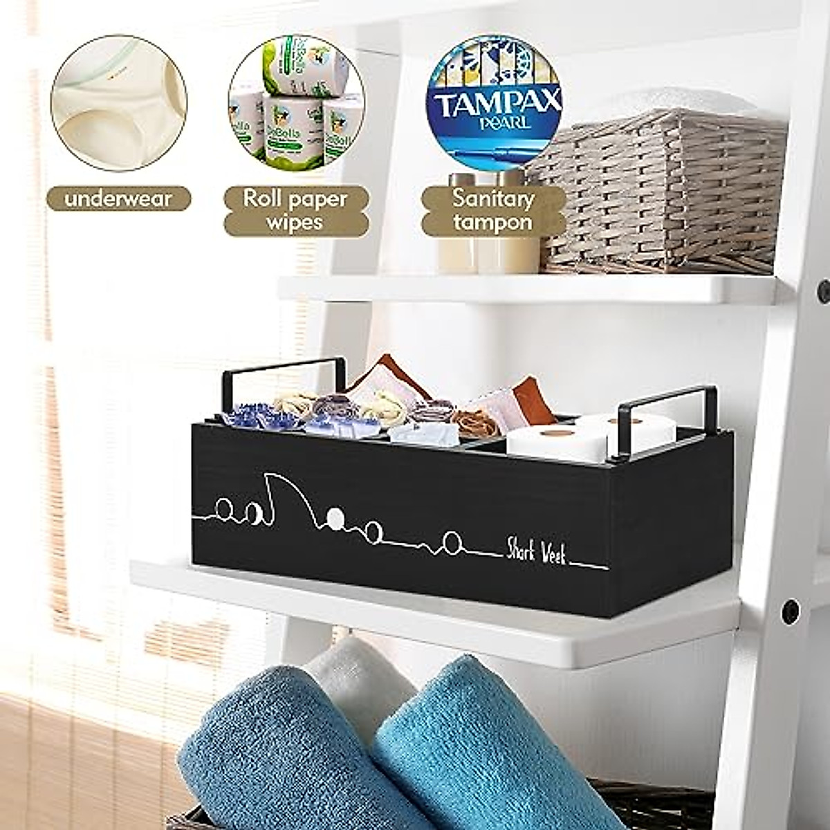 Wooden Tampon Holder for Bathroom, Shark Week Tampon Storage with Handles, Farmhouse Bathroom Storage Container for Underwear, Roll Paper, Wipes, Sanitary Tampon, Feminine Product Organizer, (Black 2)
