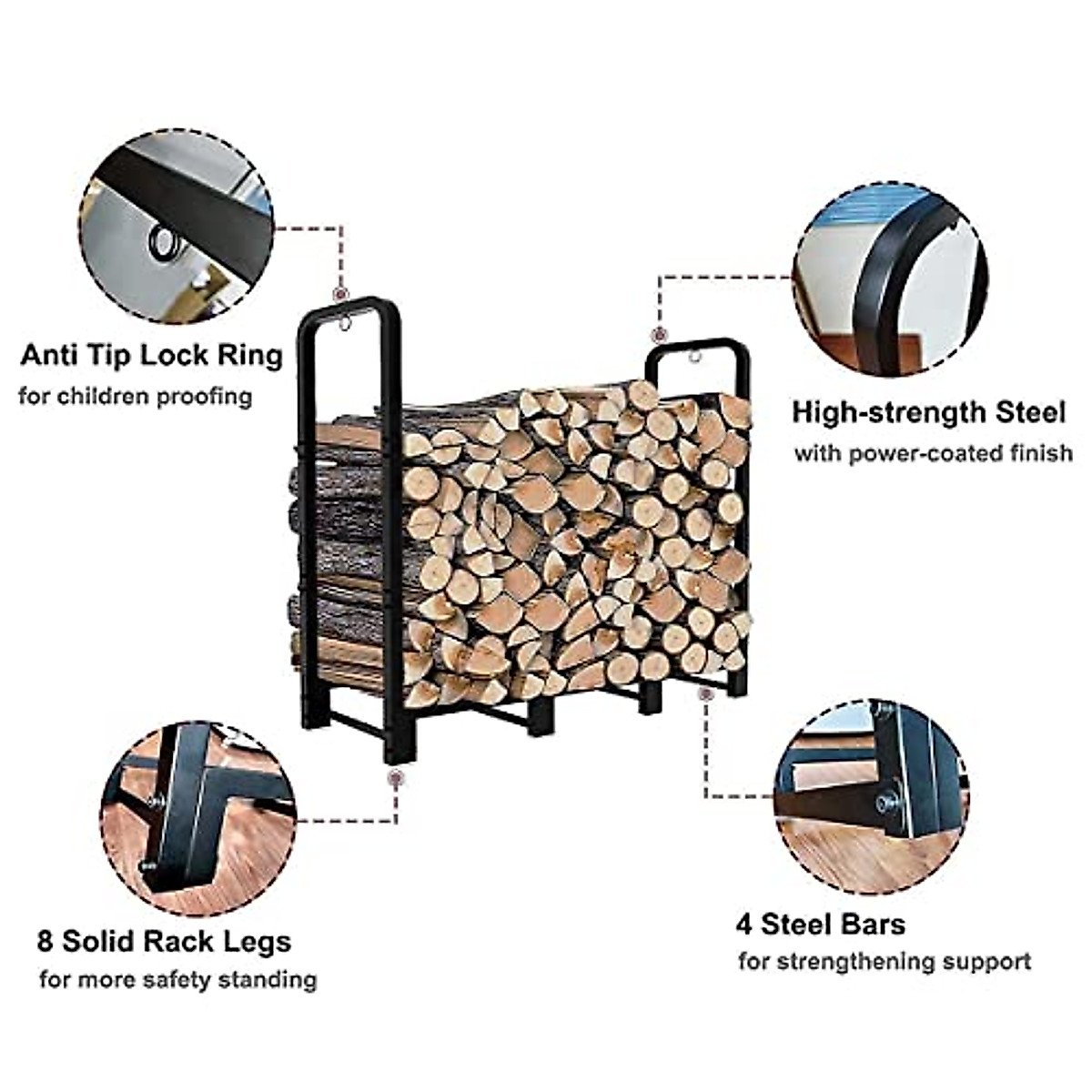 Artibear 4ft Outdoor Firewood Rack With Indoor Small Wood Storage Holder for Fireplace, Black