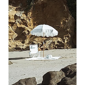 Business & Pleasure Co. Holiday Beach Umbrella ~ White Boho Fringe Umbrella, UPF 50+, 1" Tilting Wood Pole, 5’W x 6.5’H