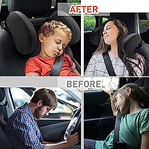 KUNGKIC Car Headrest Pillow,Full Grain Leather,U Shaped Car Seat Adjustable Head Neck Support,Sleeping Travel Car Pillow,Sleep Cushion Car Side Pillow for Kids Adults Elders (Black)