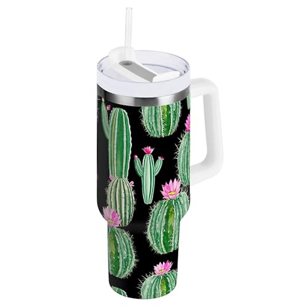 ODAWA 40oz Travel Insulated Tumblers with Straw and Handle, Cacti Pink Flowers Black Double Wall Insulated Tumbler