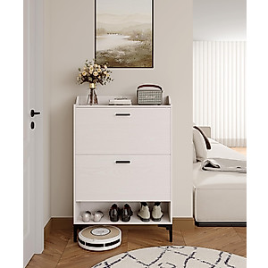 Gadroad Shoe Cabinet, Modern Slim Shoe Organizer, Tipping Shoe Cabinet with 2 Flip Drawers, Narrow Shoe Rack for Living Room Entryway, White