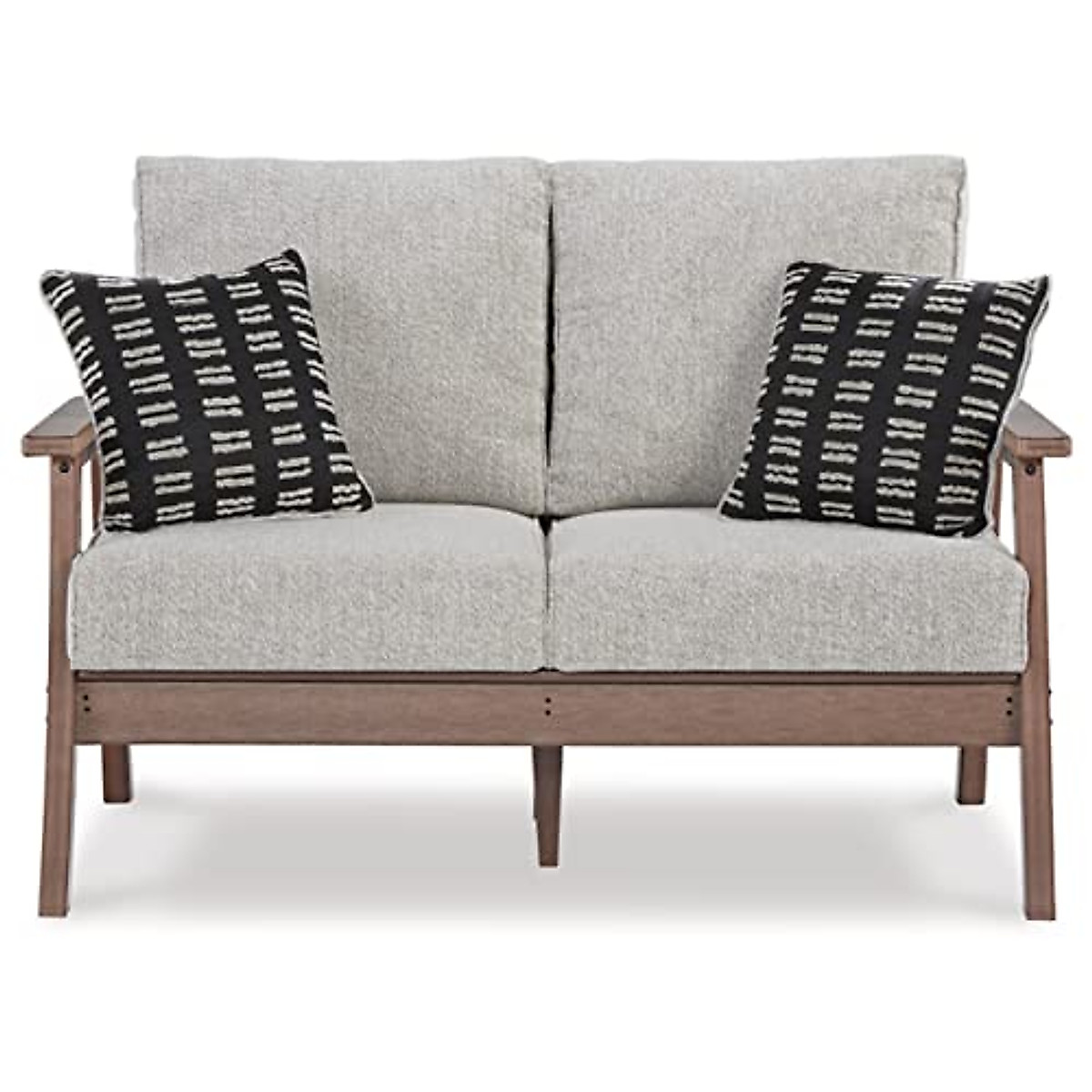 Signature Design by Ashley Emmeline Classic Outdoor HDPE Wood Look Framed Cushioned Loveseat, Beige & Gray