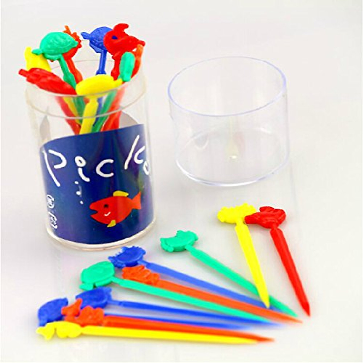 MXY Colorful Food Fruit Picks for Bento Box Cake Snack Forks Resuable Cute Design Hippo Fish Crab Turtle Starfish Set of 20 Pieces Pack of 2 Round Boxes