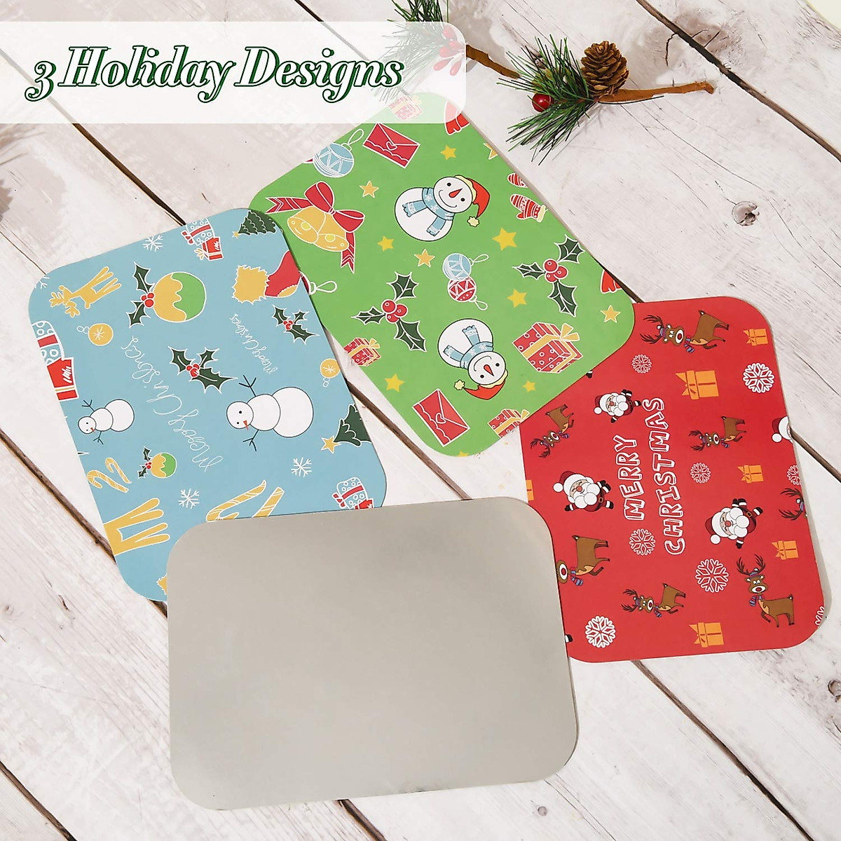 Rocinha 36 PCS Christmas Aluminum Foil Pans with Lids-3 Holiday Print Designs, Aluminum Food Containers Disposable, Christmas Tins for Food, Candy, Cookie Exchange & Party Leftovers, 7.3"x 5.2" x 2"