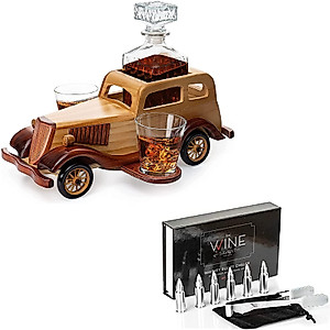 Bonnie & Clyde Car Decanter Set, Wine & Whiskey Decanter Set 15" L with 2 Bullet Shot Glasses, Set of 6 Whiskey Chillers Stainless Steel Bullet Shaped Ice Cubes Vintage Car Decanter Bar Gift