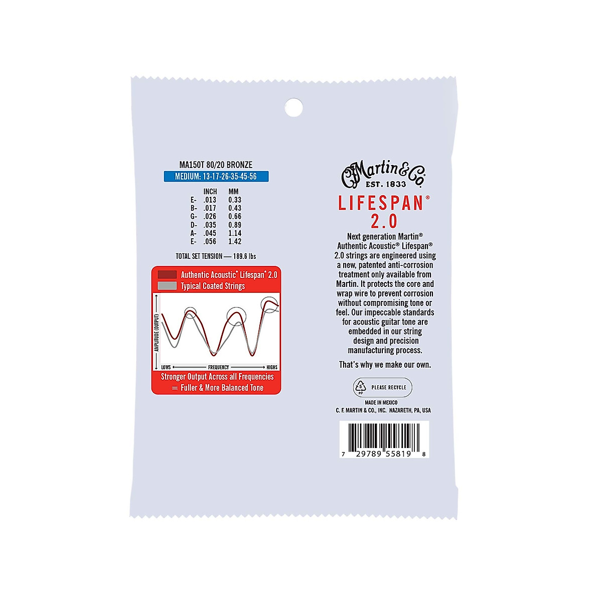 Martin Authentic Acoustic Guitar Strings, Lifespan 2.0 Treated, Medium, 80/20 Bronze