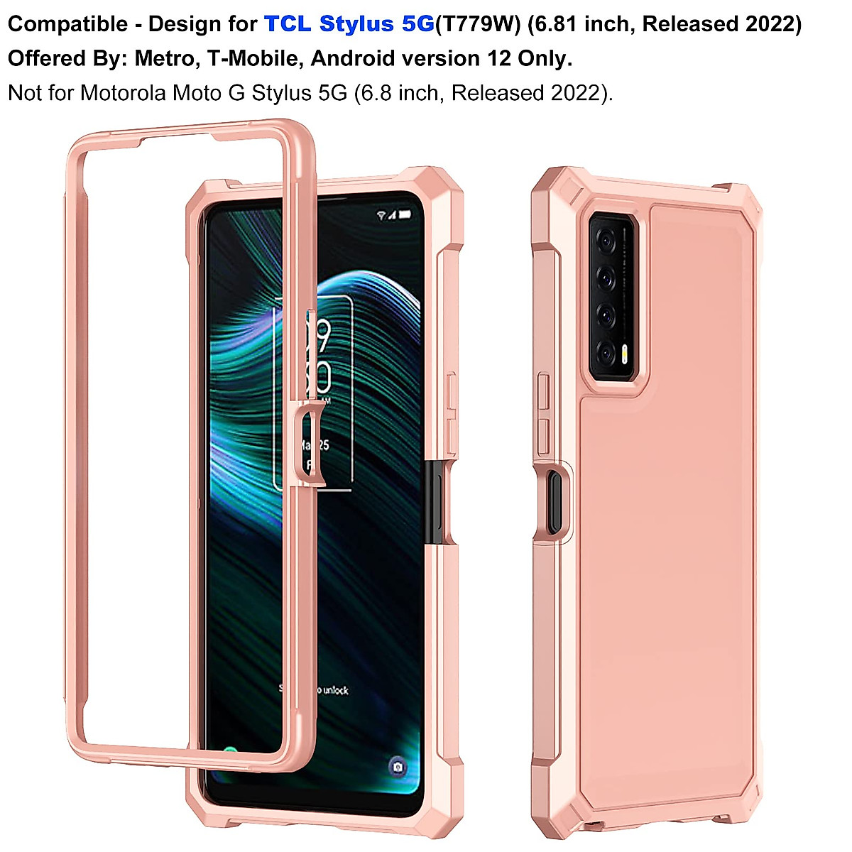 Ailiber for TCL Stylus 5G Case, TCL Stylus 5G(T779W) Phone Case with Screen Protector, Dual Layer Protection, Shockproof Corners TPU Bumper, Military Grade Protective Cover for TCL Stylus 5G-Rose Gold