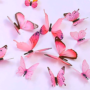 JYPHM 24PCS 3D Butterfly Wall Decal Removable Stickers Decor for Kids Room Decoration Home and Bedroom Art Mural Pink