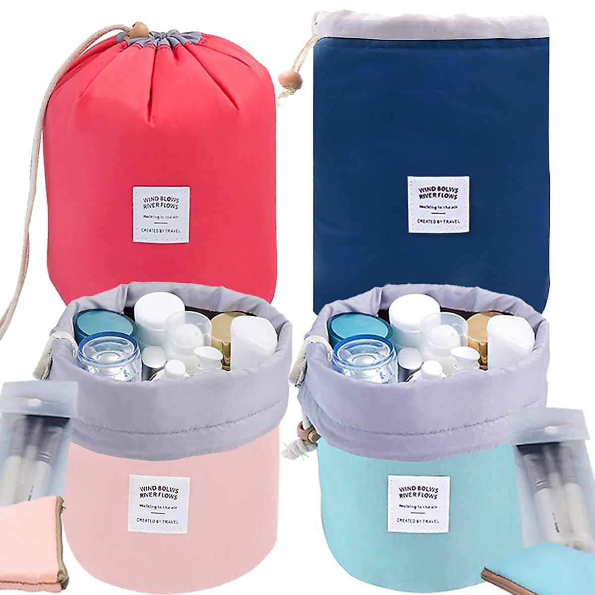 INVODA 4PCS Cosmetic Bag 4 Pieces Barrel Shaped Travel Makeup Bags Large Capacity Soft Waterproof Portable Drawstring Cosmetic Bag Multifunctional Bucket Toiletry Bag (Green+Pink+Blue+Red)