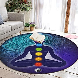 Modern Round Area Rug, Non-Slip Machine Washable Kitchen Office Circle Rug, Room Sofa Yoga Soft Round Carpet Compatible with Nine Chakra Yoga Meditation Lotus Blue Mandala 36inch(90cm)