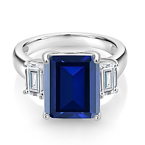 Gem Stone King 925 Sterling Silver Customized and Personalized Gemstone Birthstone 3-Stone Name Engraved Ring For Women | 7.60 Cttw | Emerald Cut 12X10MM and 6X4MM | Available In Size 5, 6, 7, 8, 9