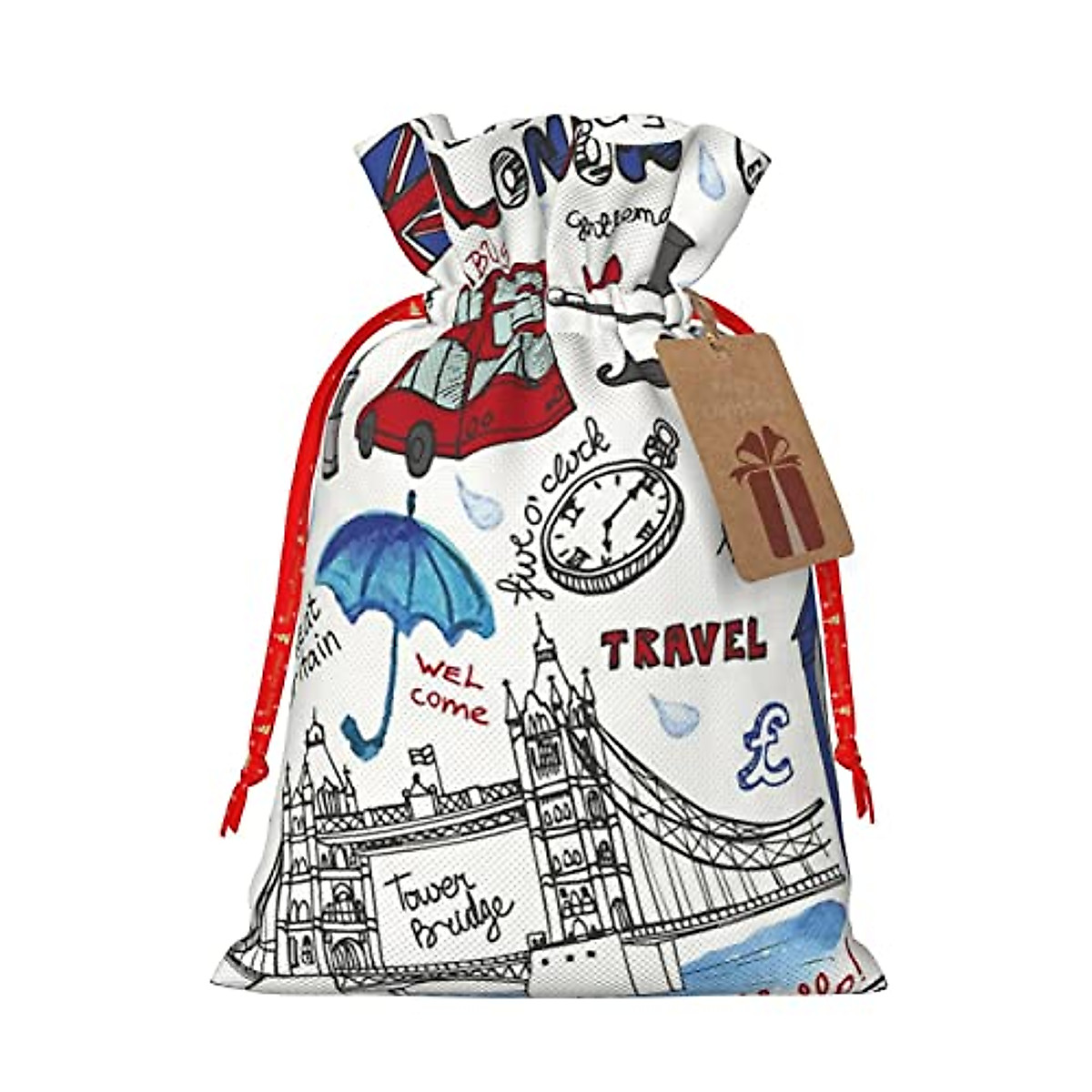 Londonchristmas Drawstring Gift Bag, Linen Drawstring Gift Bag, Reusable Drawstring Gift Bag, Used For Christmas, Birthday, Wedding Supplies