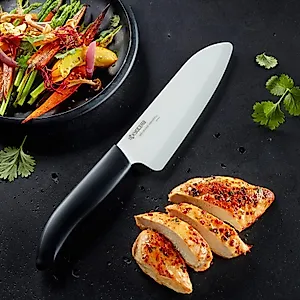 Kyocera Advanced Ceramic Revolution Series 6-inch, Chef's Santoku Knife, Black Handle, White Blade , 6 Inch - FK-160 WH