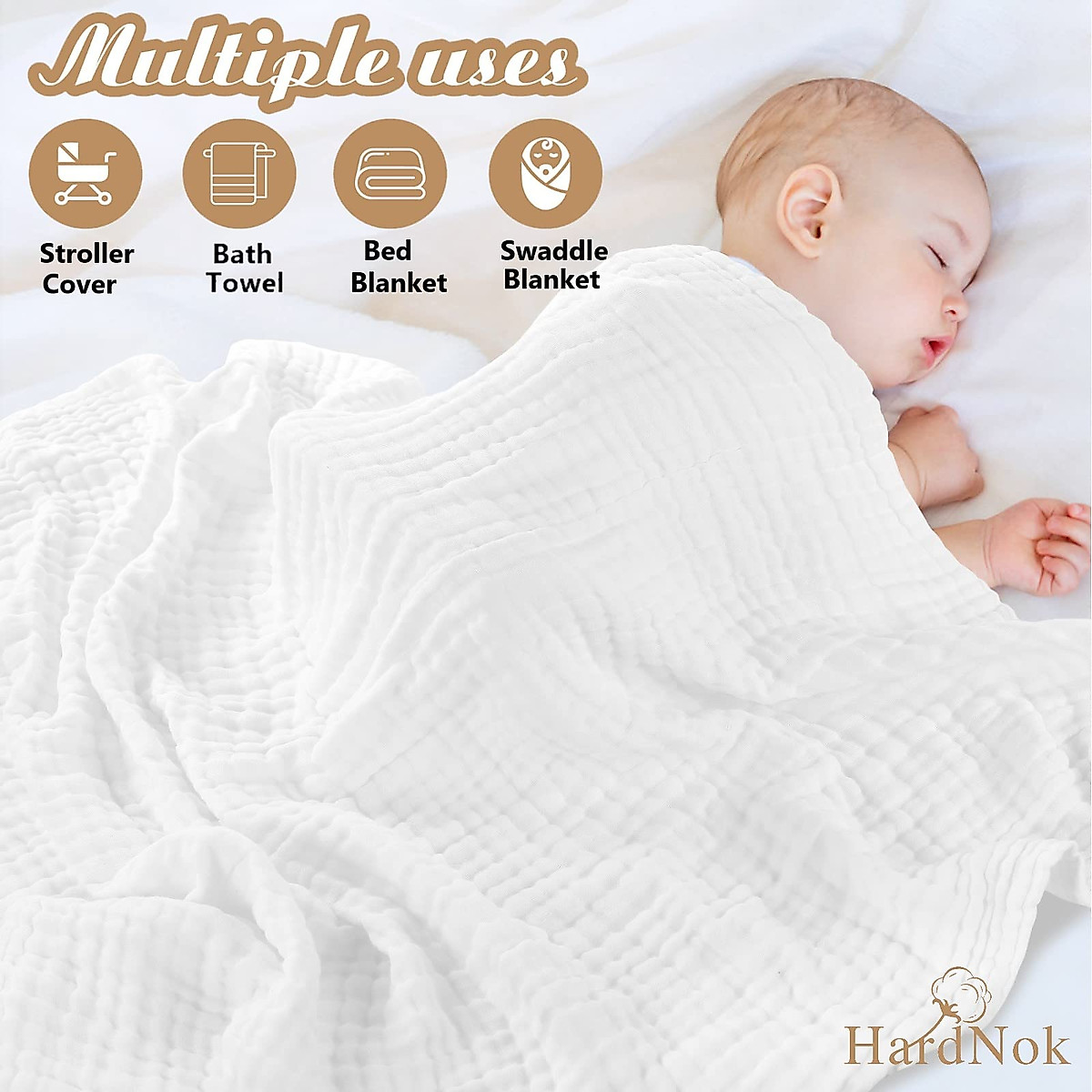HardNok White Muslin Swaddle Blanket 6 Layer Super Soft Receiving Blanket, Breathable Baby Muslin Blanket for Boys Girls as Shower Gift (1, White 40x40)