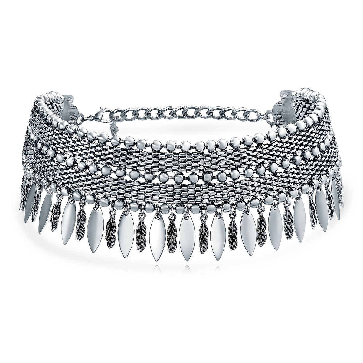 Native American Style Bohemian Boho Dangling Feather Wide Choker Necklace Western Jewelry for Women Teens Oxidized Silver Plated