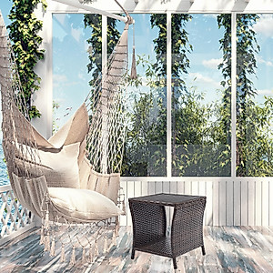 Outdoor Patio Side Table Small Brown Wicker Rattan End Table for Outside Storage Coffee Table with Poly Lumber Table Top for Garden Lawn Pool Porch Deck