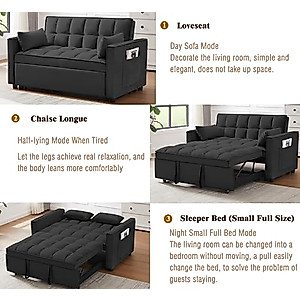 Lin-Utrend 55''Convertible Sleeper Sofa Couch with Adjustable Backrest, Modern Velvet 2 Seater Sofa with Pull-Out Bed with 2 Pillows, Small Love Seat Lounge Sofa Bed for Small Space (Black)