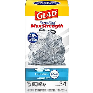 Glad ForceFlex MaxStrength Tall Kitchen Drawstring Trash Bags, 13 Gallon, Fresh Clean Scent with Febreze Freshness, 34 Count