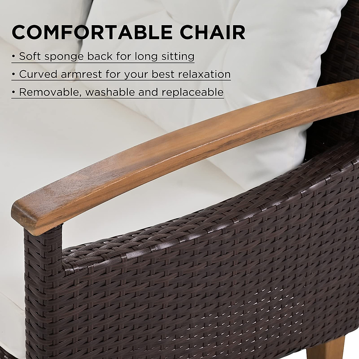 4-Piece Outdoor Patio Furniture Set, Sofa Garden Conversation Bistro Sets PE Rattan Wicker Sofa Set with Cushion, Wood Table and Legs, for Lawn, Porch, Poolside, Backyard, Brown and Beige