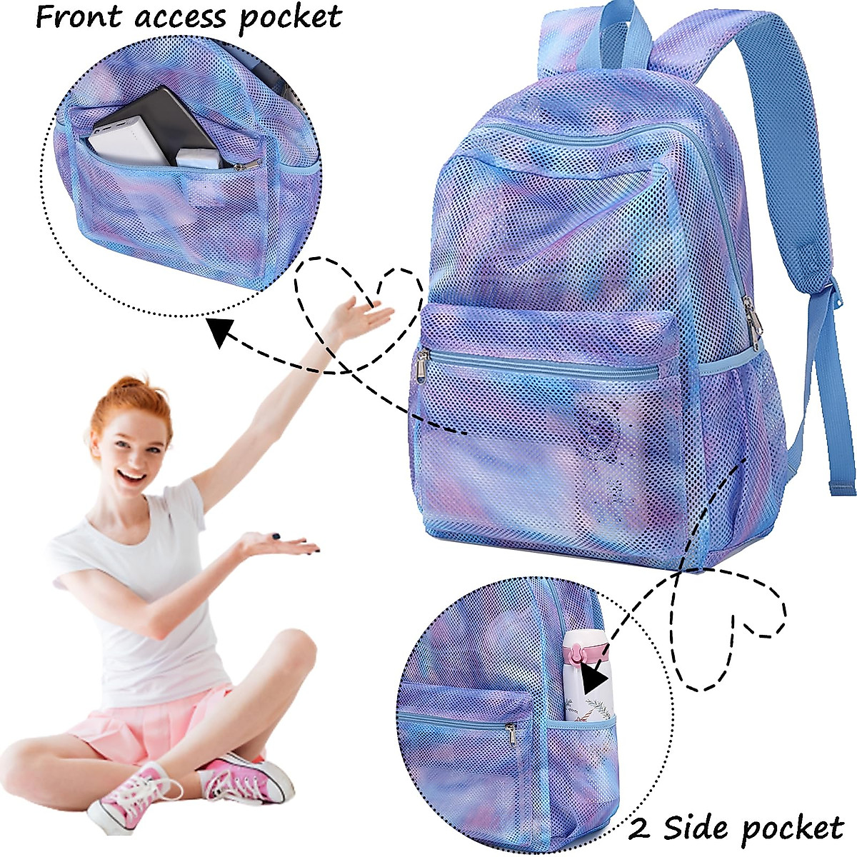 Jumpopack Mesh Backpack for Girls Kids Semi-Transparent Mesh School Backpack Bookbag Lightweight See Through Backpack for Beach Gym Travel(Marble)
