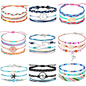 Hicarer 29 Pcs Surfer Wave Bracelet for Women Adjustable Summer Beach Bracelets Handmade Waterproof Braided Rope Bracelets(Summer Style)