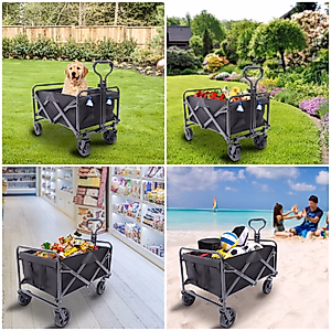 Folding Wagon Cart, Rubber Wheel Collapsible Heavy Duty Utility Beach Wagon with 5" Rubber Wheels Adjustable Handle and 2 Cup Holders for Outdoor Activities Beach Camping Garden