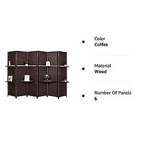 Maxhonor 6 Panels Room Divider, 6 FT Tall&Extra Wide Weave Fiber Room Divider with 2 Shelved, Double Hinged,Folding Privacy Screens, Freestanding Room Dividers (Coffee)