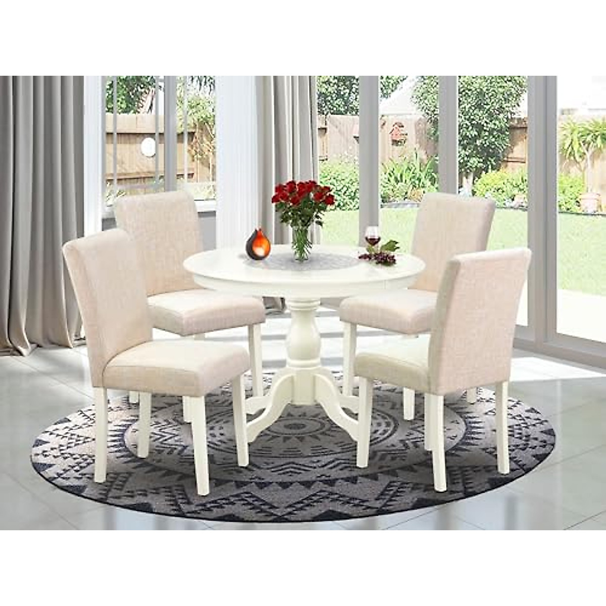 East West Furniture HBAB5-LWH-02 5 Piece Dining Room Table Set Includes a Round Dining Table with Pedestal and 4 Light Beige Linen Fabric Upholstered Parson Chairs, 42x42 Inch, Linen White