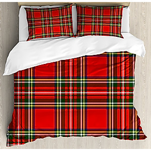 Ambesonne Plaid Duvet Cover Set, European Western Culture Inspired Abstract Irish Pattern Vintage Classical Design, Decorative 3 Piece Bedding Set with 2 Pillow Shams, Queen Size, Scarlet Grey