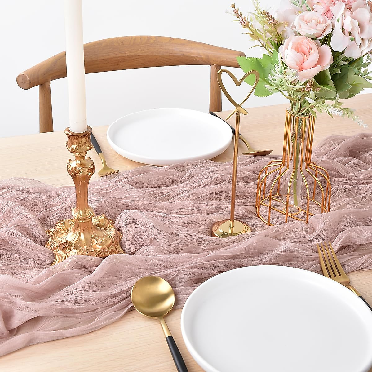 Joanlody Dusty Rose Easter Cheesecloth Table Runner 10Ft Rustic Gauze Boho Spring Summer Cheese Cloth Table Runner for Wedding Bridal Baby Shower Decoration