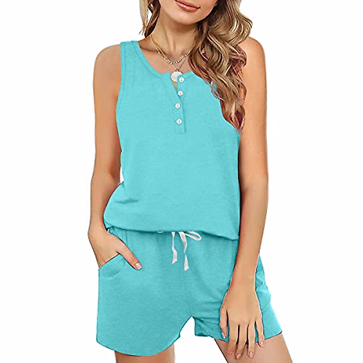 Dofaoo Womens Two Piece Outfits Cute Green Short Sets Henley Tank Tops Loose Fit Summer XL