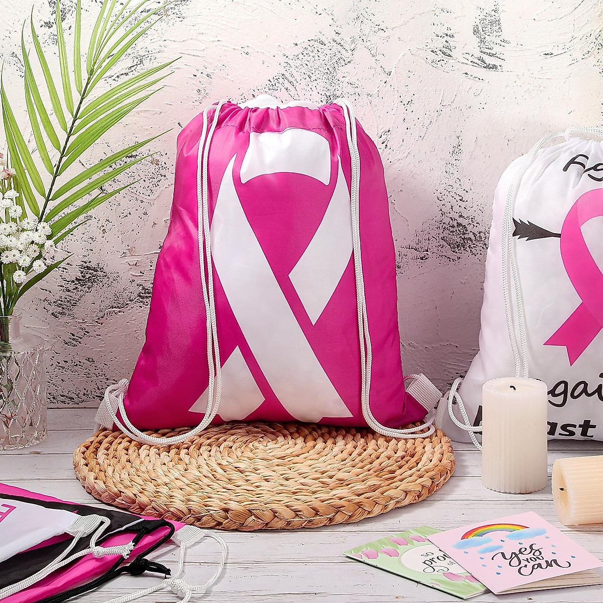 Paterr 36 Pcs Breast Cancer Awareness Drawstring Backpack 11.8'' x 9.8'' Pink Ribbon Polyester Drawstring Bags Hope Fight Sport Gym Sackpack for Women Travel Storage Accessories, White and Black