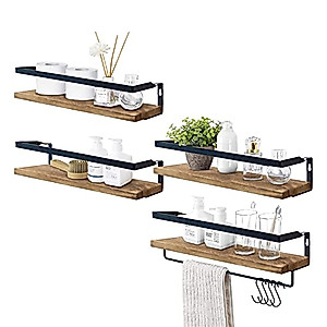 Floating Shelves with Towel Bar, Wall Mounted Storage Shelves Organizer Set of 4, Rustic