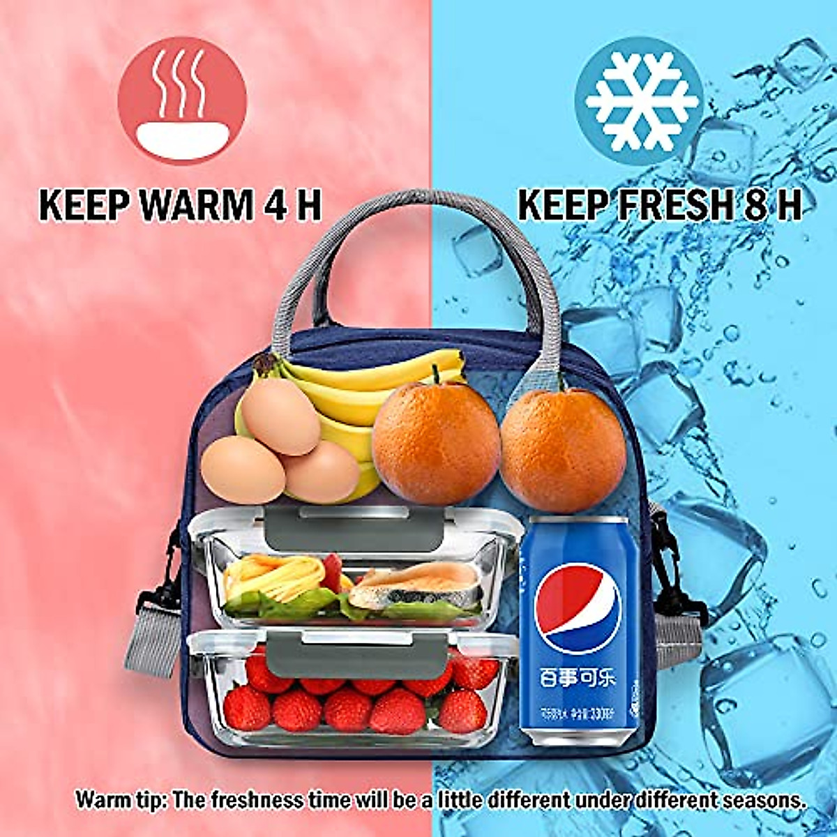 EASTVIO Insulated Lunch Bags Large Reusable Tote Cooler Box with Adjustable Removable Shoulder Strap and Pocket for Women/Men/Picnic/Work/School/Travel,Blue