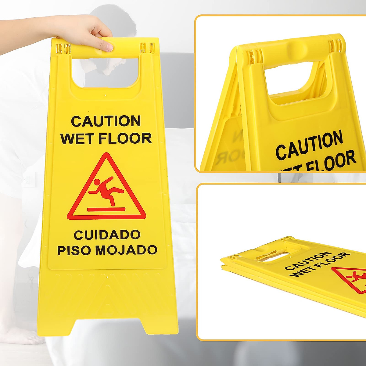 Macarrie 12 Pack Caution Wet Floor Sign Wet Floor Double Sided Signs Cuidado Piso Mojado Foldable Bilingual Alert Sign for Commercial Use Indoors Outdoors, 11.5 x 23.62 Inches (Classic Style)