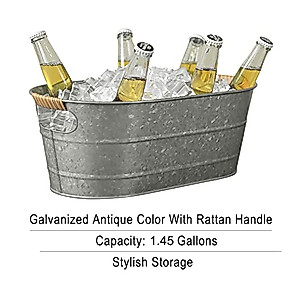 2 Pack Farmhouse Metal Galvanized Beverage Tub, Beer, Wine, Ice Holder - Ice Buckets for Parties,1.45 Gallons Rustic Vintage Storage Oval Bucket Bin - Galvanized/Cutout Handle with PE Rattan