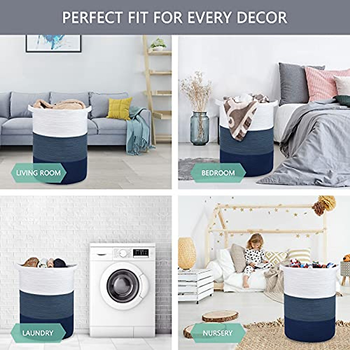 BOSROTY Extra Large Blanket Basket, Tall Laundry Basket, Laundry Hamper, Large Storage Basket, 15.7”x 21.7”,Cotton Rope Basket, Woven Basket, Toy Basket, Clothes Baskets, White&Cadet Blue&Navy Blue