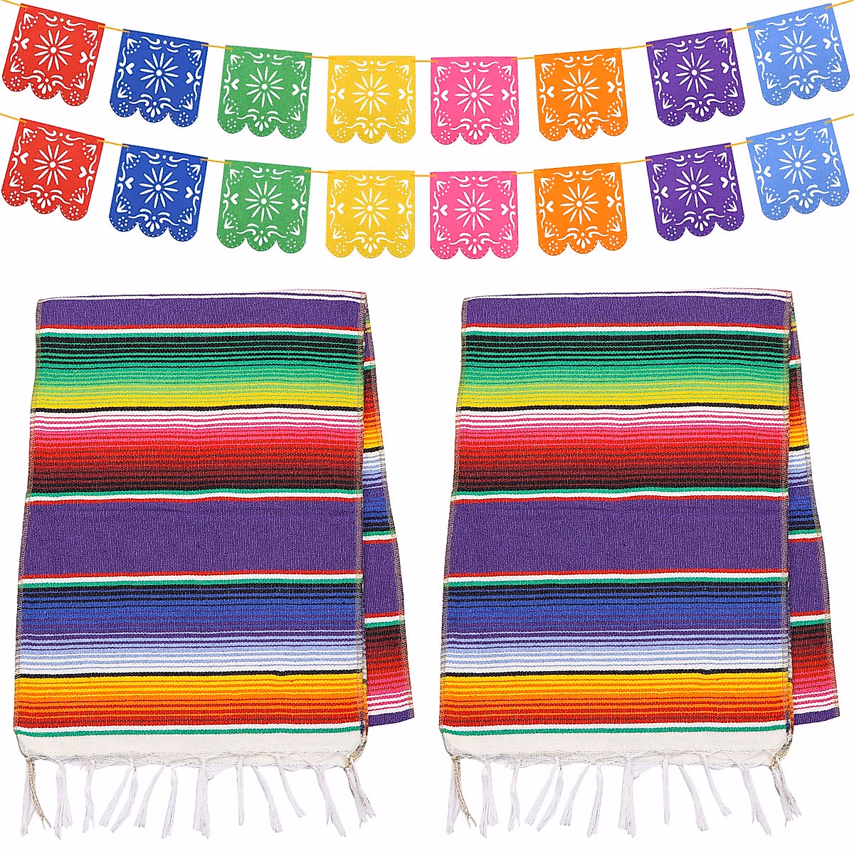 Dreamtop 2 Packs Mexican Table Runner 14 x 84 inch, Serape Table Runner for Mexican Party Wedding Decorations Outdoor Picnics Dining Table, Fringe Cotton Table Runners with 2 Pack Mexican Party Picado