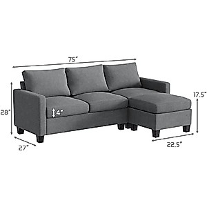YESHOMY Convertible Sectional, Modern Linen Fabric L-Shaped Couch 3-Seat Sofa, Dark Gray